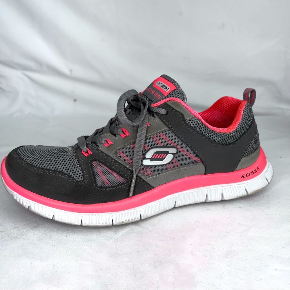 Skechers Lightweight Flex Sole Grey And Neon Pink Ath… - Gem